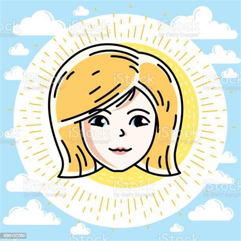 여자 얼굴 인간의 머리입니다 벡터 문자 세련 된 헤어스타일으로 아름 다운 금발의 여성 초상화 구름에 대한 스톡 벡터 아트 및