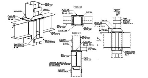 Connection Pillar And Steel Beam Sections And Construction Details Dwg