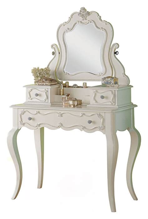 Edalene Pearl White 3 Drawer Vanity Desk With Mirror Vintage White