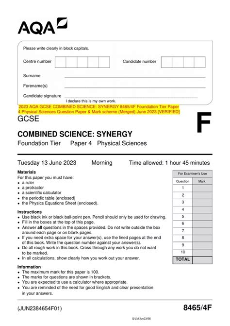 2023 Aqa Gcse Combined Science Synergy 84654f Foundation Tier Paper 4