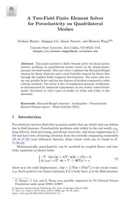 Pdf A Two Field Finite Element Solver For Poroelasticity On Quadrilateral Meshes