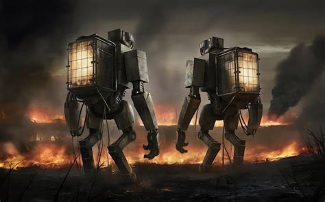 A Post Apocalyptic Scene With Two Robot Premium Ai Generated Image