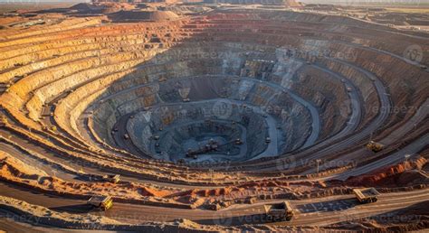 Massive Open Pit Mine With Machinery And Trucks In Arid Landscape