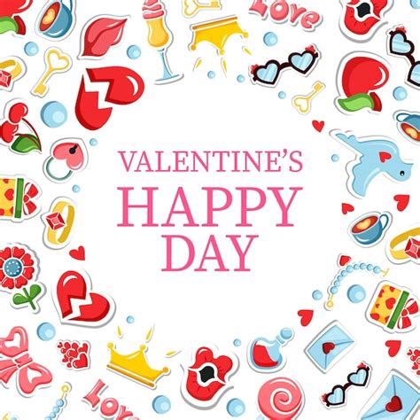 해피 발렌타인 데이 하트 봉투에 대 한 낭만적인 배경 사랑 스러운 기호 입술 활 크라운 벡터 만화 양식에 일치 시키는 개념 템플릿 프리미엄 벡터