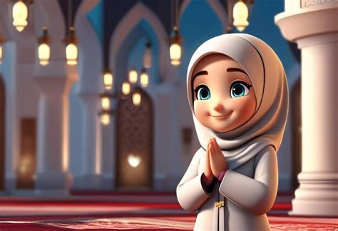 Premium Photo 3d Character Muslim Hijab Girl Cute Smile At Mosque