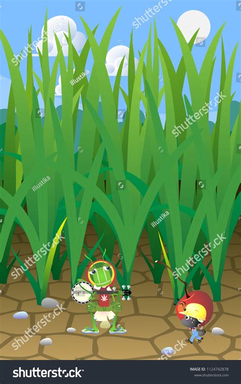 Vector Illustrator Aesops Fables Ant Grasshopper Stock Vector Royalty
