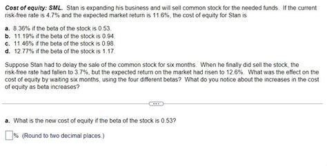 Solved Cost Of Equity Sml Stan Is Expanding His Business Chegg
