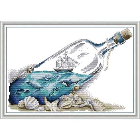 Kit De Broderie Au Point De Croix Motif Imprimé Mer Dans Une Bouteille