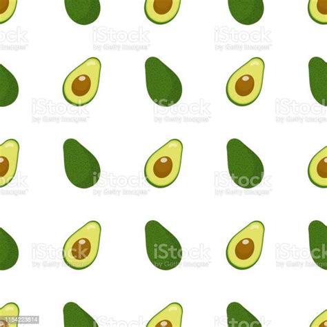 신선한 반 및 전체 아보카도 흰색 배경에 고립 된 완벽 한 패턴입니다 유기농 식품 만화 스타일입니다 디자인 웹 포장지 직물 벽지에 대 한 벡터 일러스트 레이 션 건강한 생활