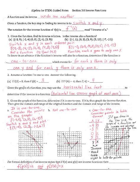 Pre Cal Inverses Notes Done Algebra For Stem Guided Notes Section 3