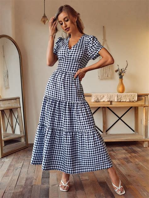 Gingham Print Puff Sleeve Tie Backless Ruffle Hem Bustier Dress