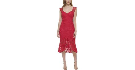 Guess Lace Sweetheart Neck High Low Midi Dress In Red Lyst