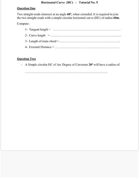 Solved Horizontal Curve HC Tutorial No 9 Question One Chegg Com