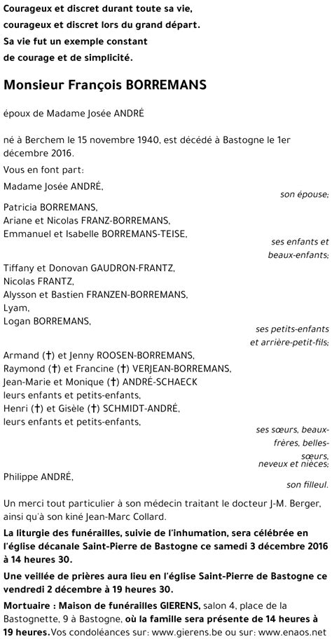 Avis De Décès De François Borremans Décédé Le 15 11 2016 à Bastogne Annonce Condoléances