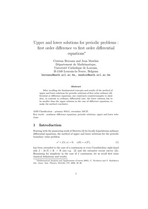 Pdf Upper And Lower Solutions For Periodic Problems First Order Difference Vs First Order