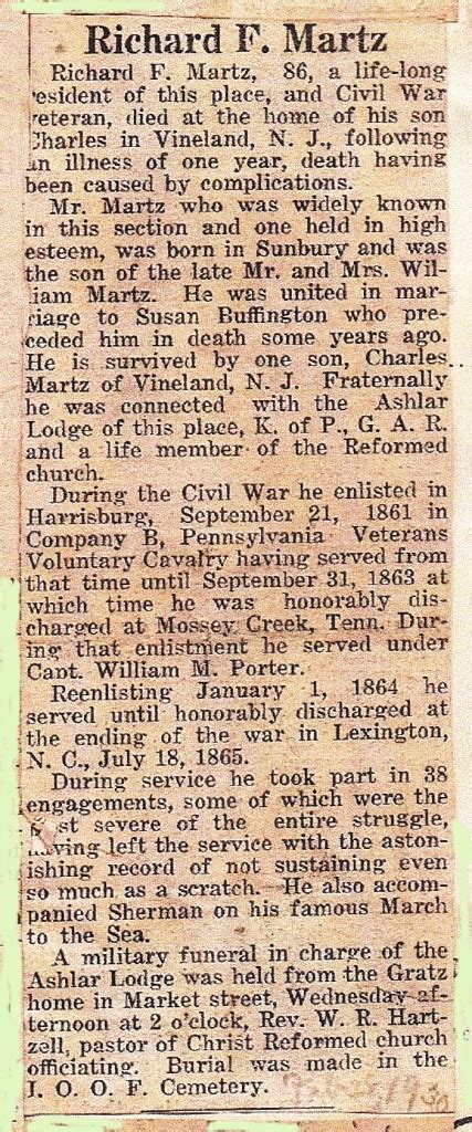 Civil War Blog Richard F Martz 9th Pennsylvania Cavalry