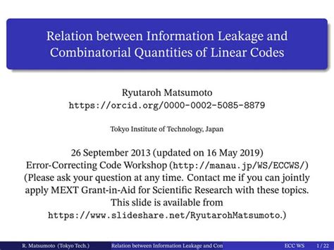 Relation Between Information Leakage And Combinatorial Quantities Of Linear Codes Pdf