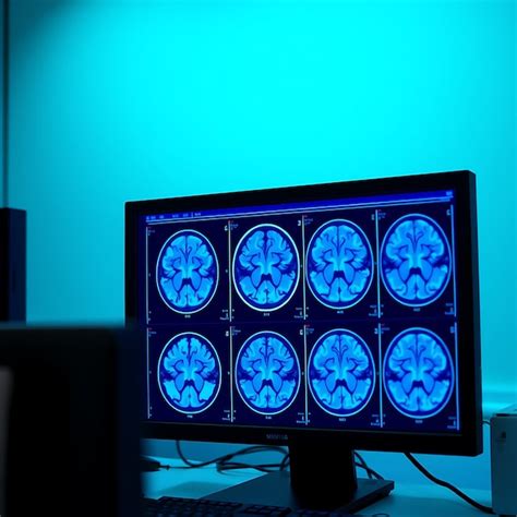 a computer monitor displaying brain mri scans in shades of blue ct scan interface medical