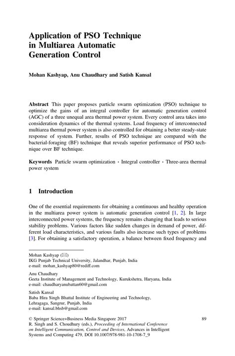 Pdf Application Of Pso Technique In Multiarea Automatic Generation