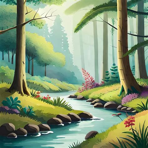 Premium Photo A Painting Of A River Surrounded By Green Trees