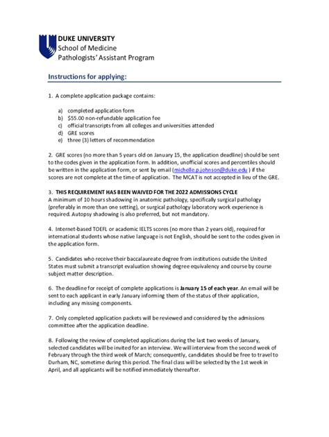 Fillable Online Duke University Pathologists Assistant Program Application Fax Email Print