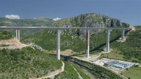 Aerial View Of New Concrete Bridge Over The Moraca River Canyon In