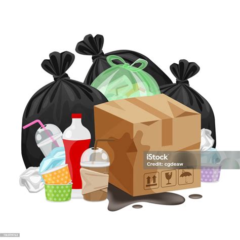 흰색 배경에 고립 된 플라스틱 폐기물 덤프 및 종이 상자 상자 더미 가방 플라스틱 및 병 쓰레기 폐기물 플라스틱 폐기물 유리 및