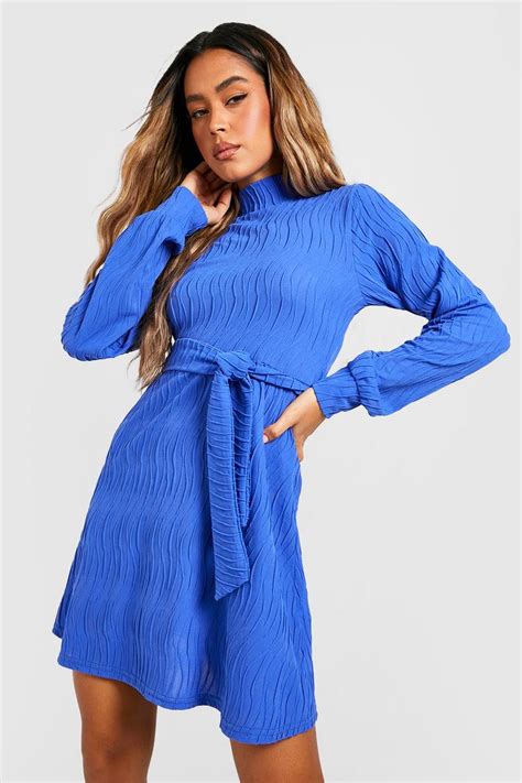 Textured Wave High Neck Skater Dress Boohoo