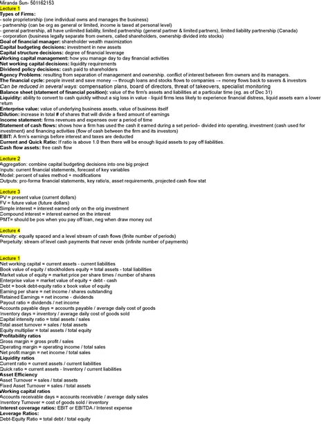 FIN 300 Midterm Crib Sheet Miranda Sun 501162153 Lecture 1 Types Of