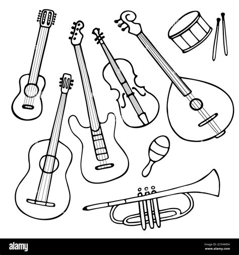 A Set Of Hand Drawn Musical Instruments Doodle Elements Of Guitar