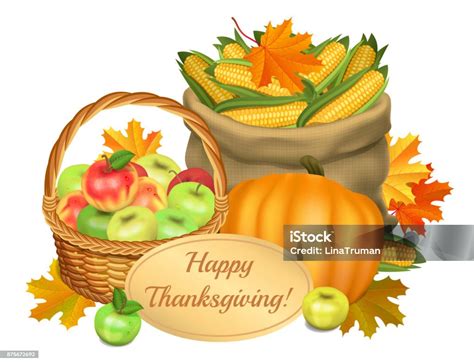 행복 한 추수 감사절 인사말 카드입니다 사과 호박 옥수수와 메이플 가방 바구니는 흰색 바탕에 나뭇잎 가 수확 축제입니다 벡터 일러스트 Eps 10입니다 10월에 대한 스톡