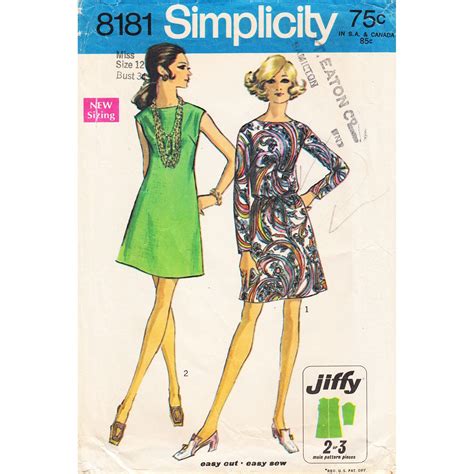 60s Jiffy Dress Pattern Simplicity 8181 Sleeveless Or Long Sleeve Bust