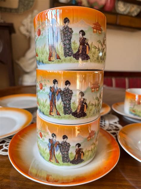 Antique Vintage Zsolnay Pecs Porcelain Tea Set Of 5 Cups And Saucers