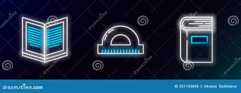 Set Line Book Open Book And Protractor Grid For Measuring Degrees Icon Glowing Neon Vector