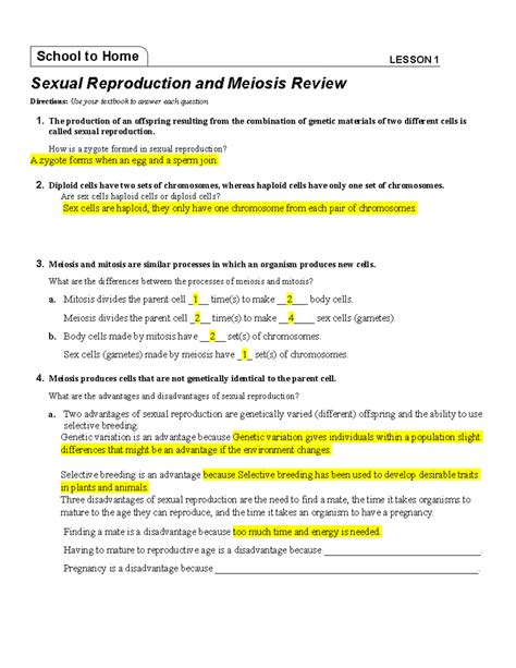 3 10 Sexual Rerproduction And Meiosis Review Worksheets Lesson 1 Sexual