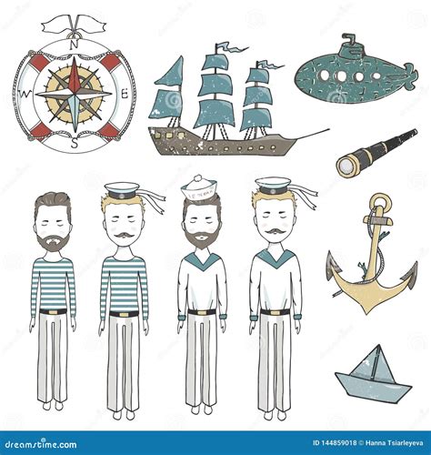 Hand Drawn Cartoon Sailor Characters Set Captain And Ship Anchor On White Background Stock