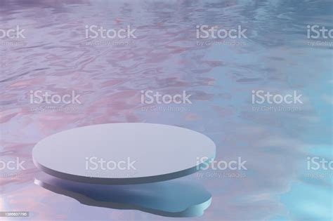 분홍색 푸른 하늘 배경 초현실적 인 3d 일러스트와 함께 물에 반영 된 비행 라운드 연단 물에 대한 스톡 사진 및 기타 이미지 물 메이크업 화장품 받침대 Istock
