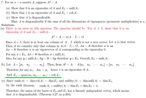 Linear Algebra Eigevectors Of An Idempotent Matrix A2 A Strang