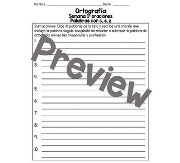 Ortografía palabras con c, s, z - Spanish Spelling Packet words with c, s, z