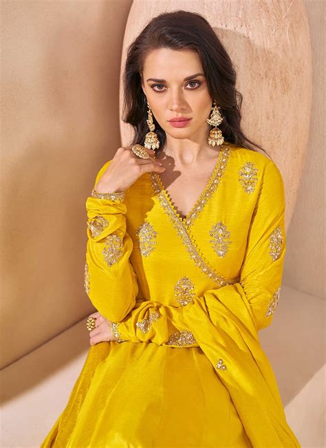 Buy Indian Wedding Churidar Sleeve In Mustard Silk Embroidered Anarkali