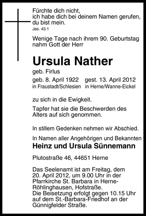 Traueranzeigen Von Ursula Nather Trauer In Nrw De