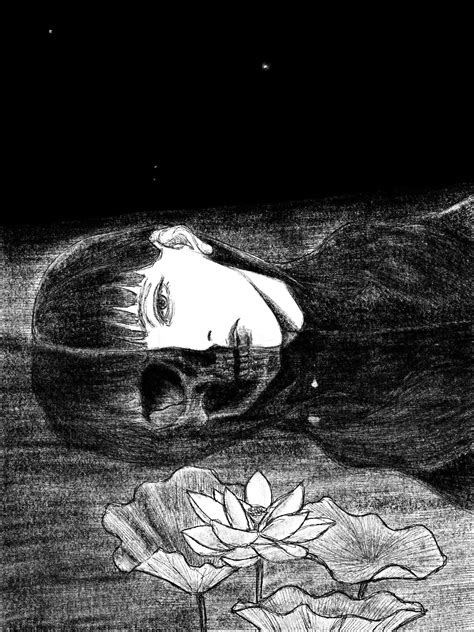 Tp P Pt Original Highres 1girl Black Background Black Hair Different Reflection Flower