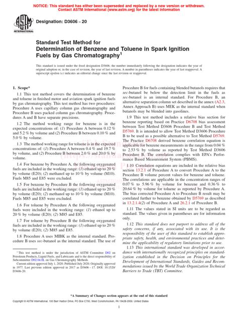 Astm D3606 20 Standard Test Method For Determination Of Benzene And Toluene In Spark Ignition