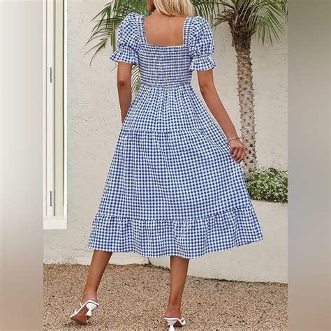 Merokeety Dresses Merokeety Womens Plaid Square Neck Ruffle Puff Sleeve Midi Dress Summer