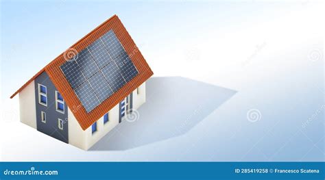 Photovoltaic System Installation On A Residential Building Concept With Home Model Stock Photo