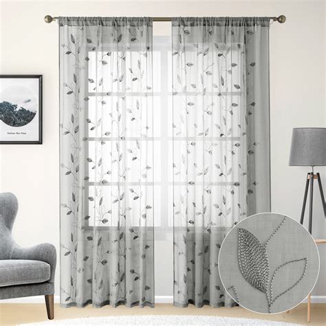 Deconovo Floral Embroidered Sheer Curtains 84 Inches Long Semi Sheer