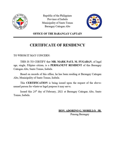 Certificate Of Residency Pdf