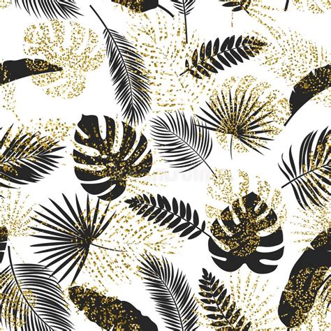 Padrão Sem Costura Das Folhas Tropicais Pretas E Douradas Vetoriais Em Fundo Branco Ilustração