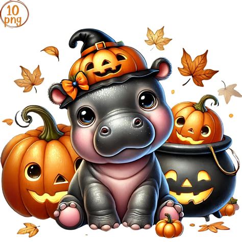 Halloween Moo Deng Clipart 10 Png Watercolor Set For Spooky Crafts Cards And Diy Projects