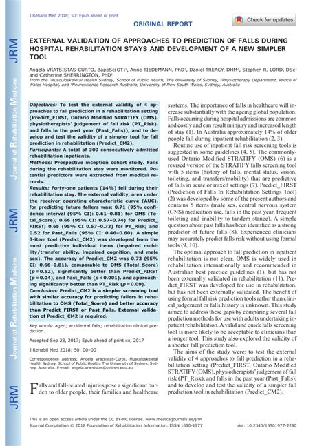 Pdf External Validation Of Approaches To Prediction Of Falls During Hospital Rehabilitation